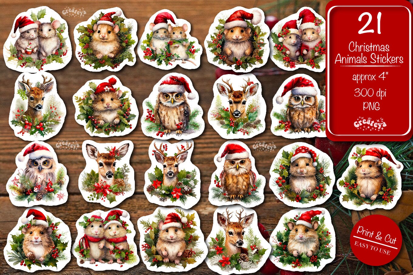 Christmas Stickers png Bundle Animal Stickers Printable - So Fontsy