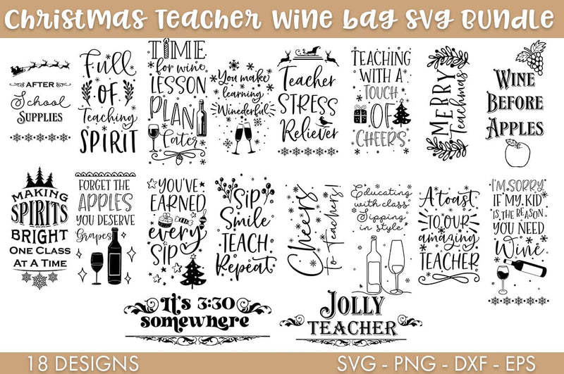 Christmas Teacher Wine Bag SVG PNG Bundle Cut file - So Fontsy