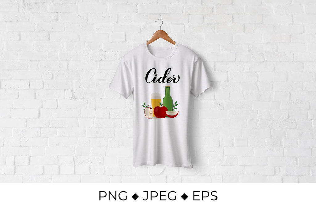 Cider calligraphy lettering. Apple, pear, bottle and glass of beverage ...