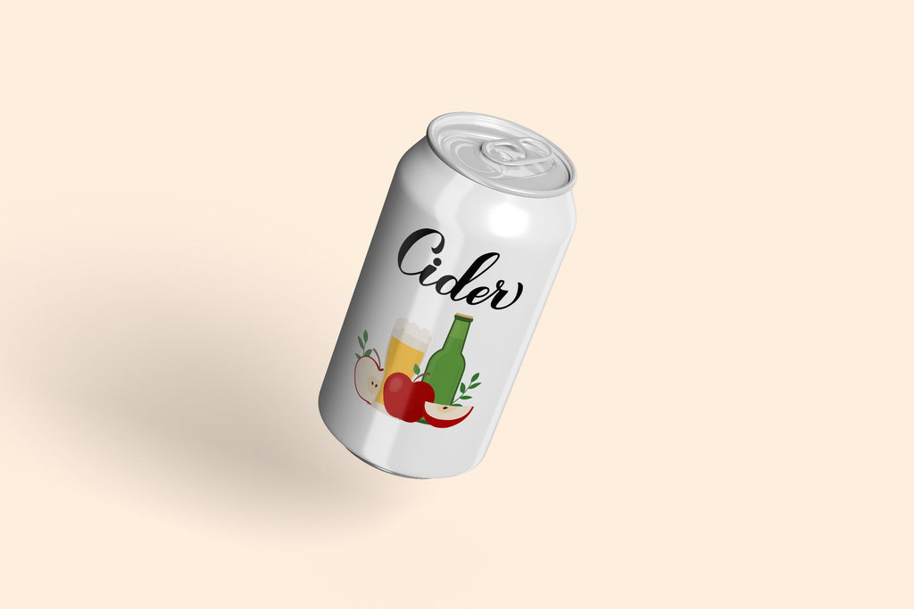 Cider calligraphy lettering. Apple, pear, bottle and glass of beverage ...
