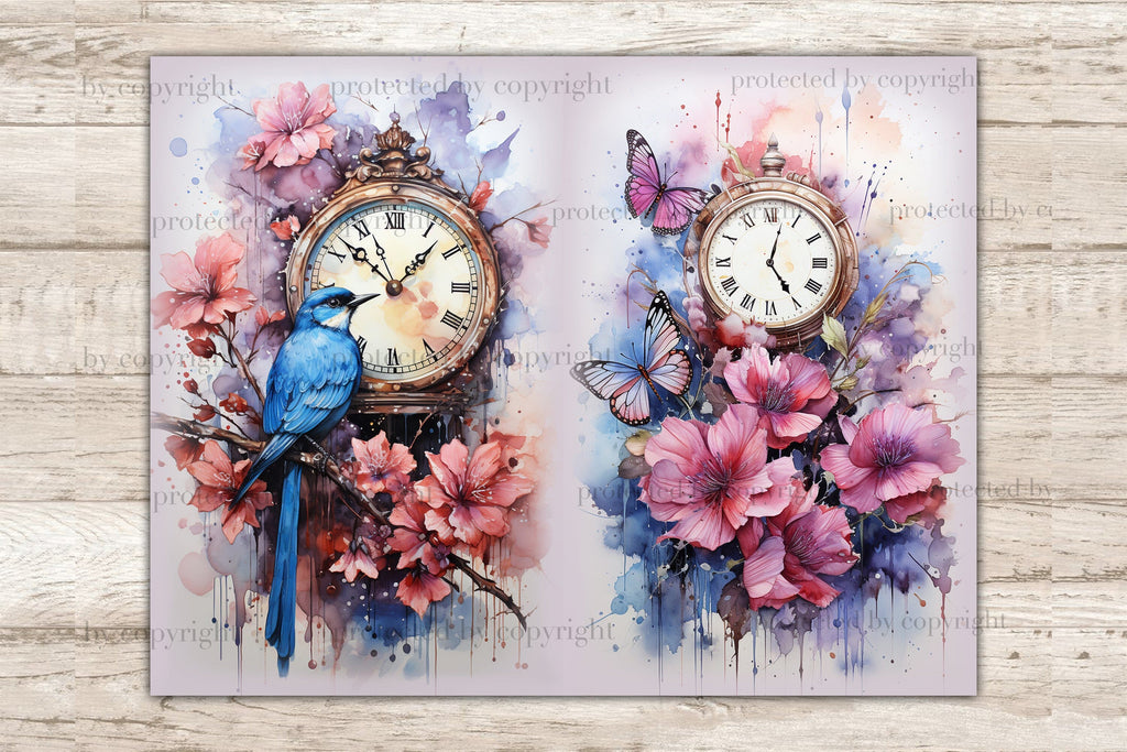 Clocks Journal Printable | Flowers Junk Journal Paper - So Fontsy