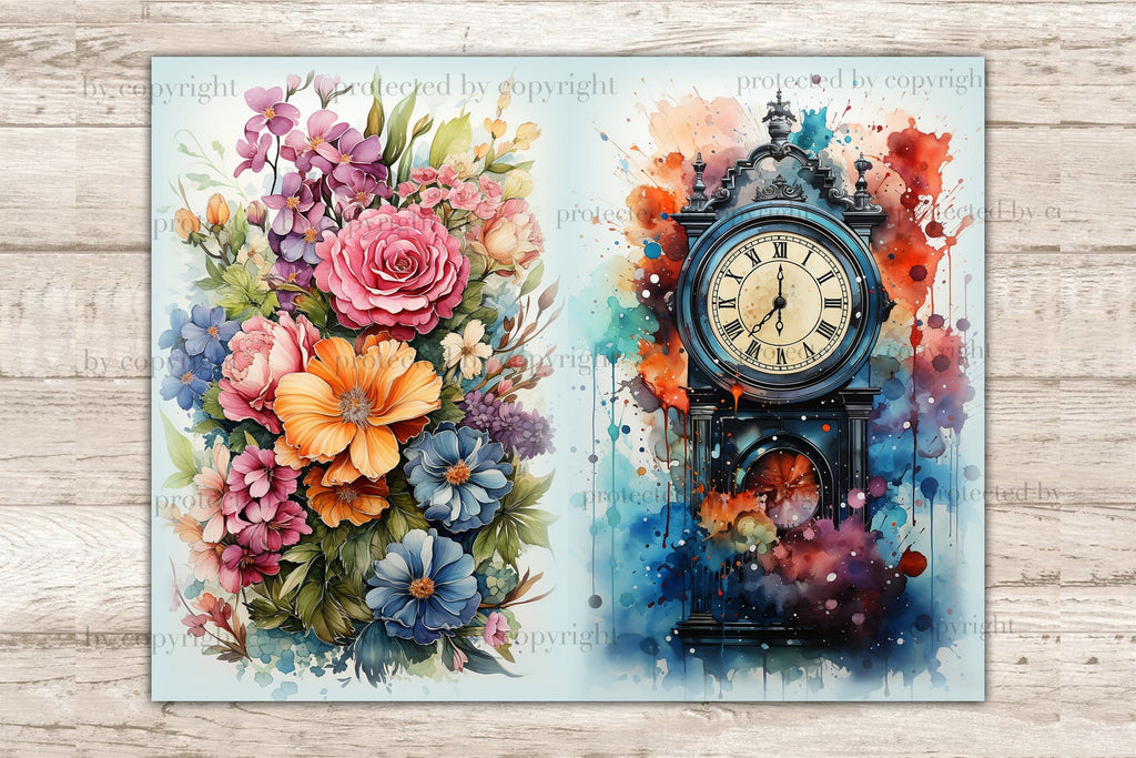 Clocks Journal Printable | Flowers Junk Journal Paper - So Fontsy