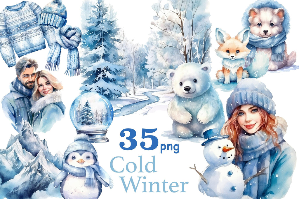 Cold Winter Clipart | Blue Christmas PNG Bundle - So Fontsy