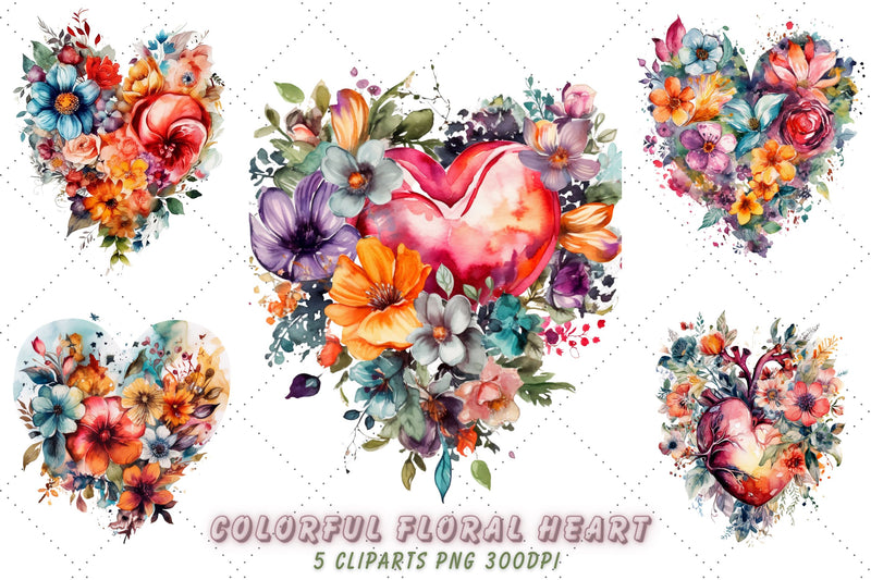 Colorful Floral Heart Watercolor Clipart Bundle, Sublimation, Floral ...