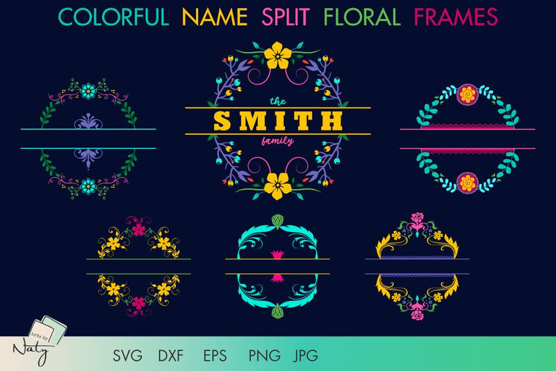 Colorful name split floral frames. - So Fontsy