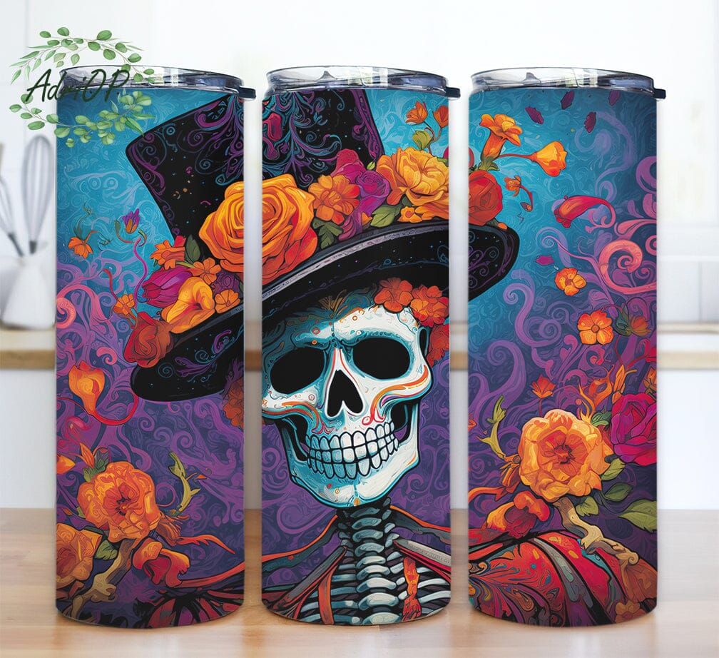 Colorful Skeleton Floral 20oz Skinny Tumbler Wrap, Floral Skeletons Png ...
