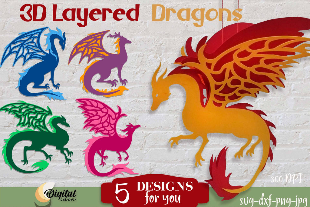 Colurful Flying Dragons | Layered Dragon Bundle SVG - So Fontsy