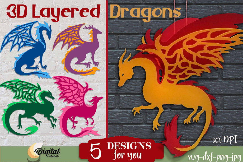 Colurful Flying Dragons | Layered Dragon Bundle SVG - So Fontsy