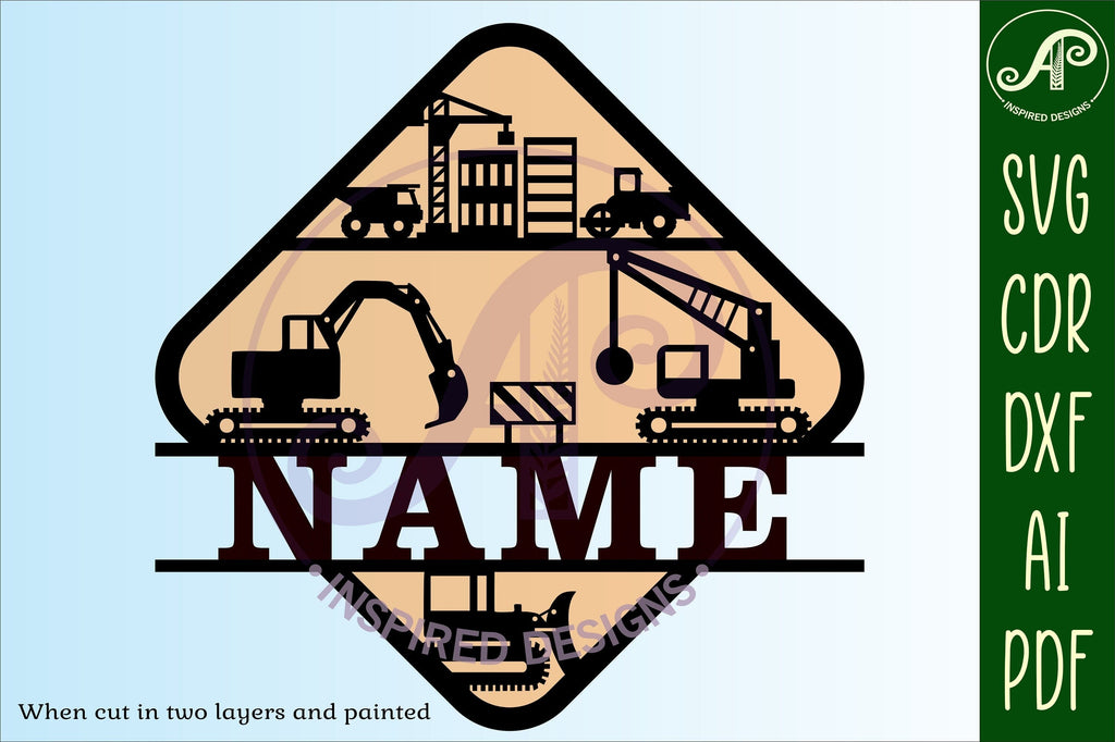construction site theme Name sign svg laser cut template - So Fontsy