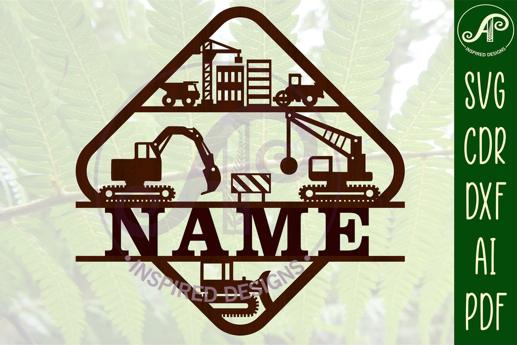 construction site theme Name sign svg laser cut template - So Fontsy