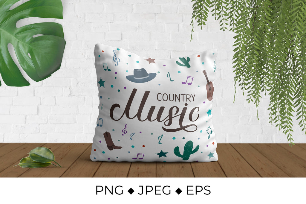 Country Music lettering with hat, cowboy boots, notes and guitar - So ...