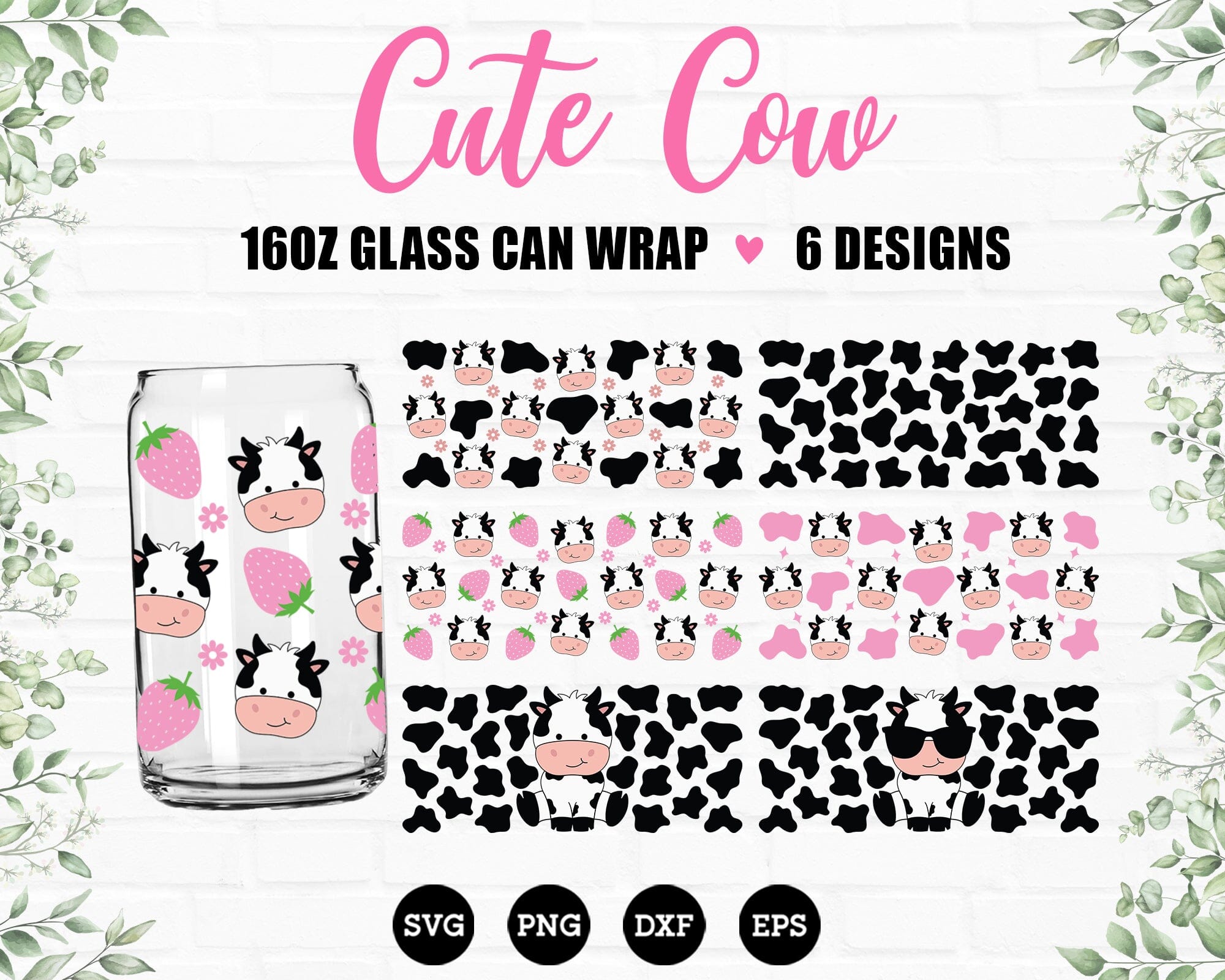 Cow Glass Can SVG Bundle - 16oz Glass Can Wrap SVG, Cow Print Glass Can ...