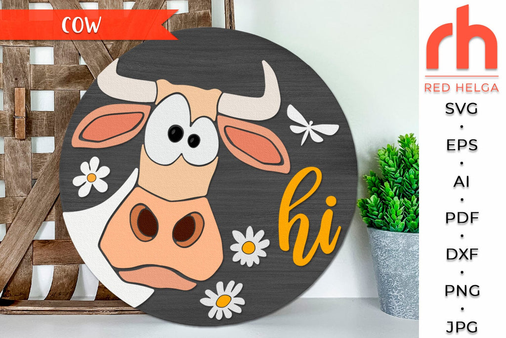 Cow Hi SVG, Peeking Cow DXF, Layered Door Sign Cut File - So Fontsy