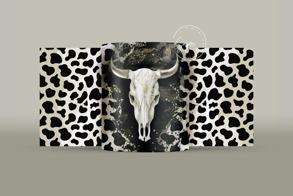 Cow Print Mug Design, Western Cow Boy Sublimation Wrap, Cow Skull Mug ...