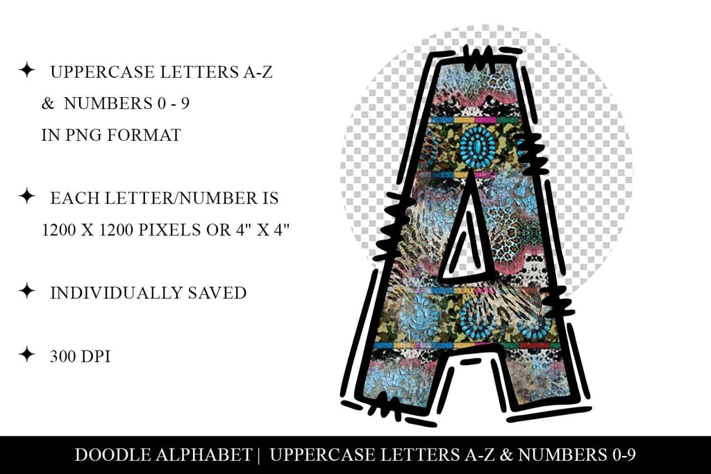 Cow Print, Teal & Leopard Letters, Western Doodle Alpha Set - So Fontsy