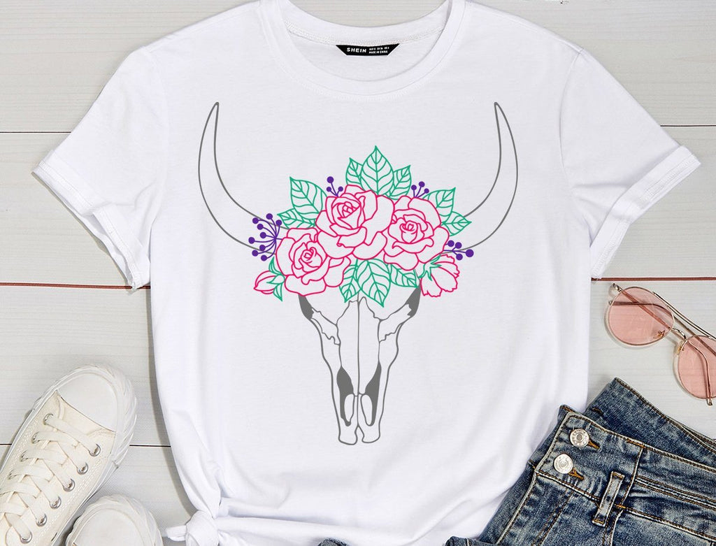 Cow skull with flowers svg - Floral cow skull svg - Cow skull with ...