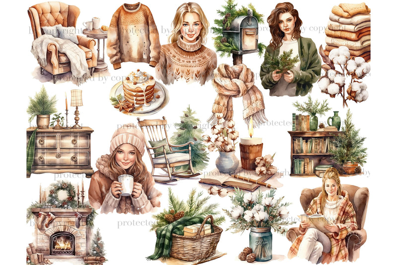 Cozy Winter Clipart Bundle | Christmas Illustration PNG Set - So Fontsy