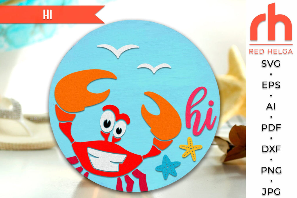 Crab Hi SVG, Round Hanger Cut File, Summer Door Sign DXF - So Fontsy