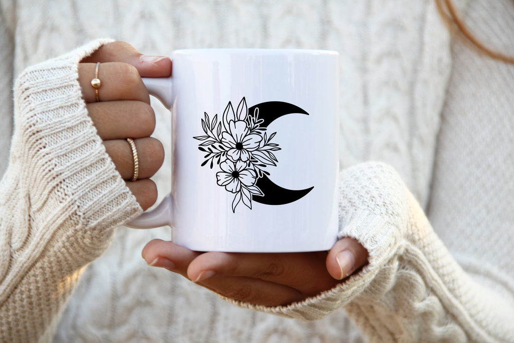 Crescent Moon and Flowers Svg. Celestial Sublimation Design. - So Fontsy