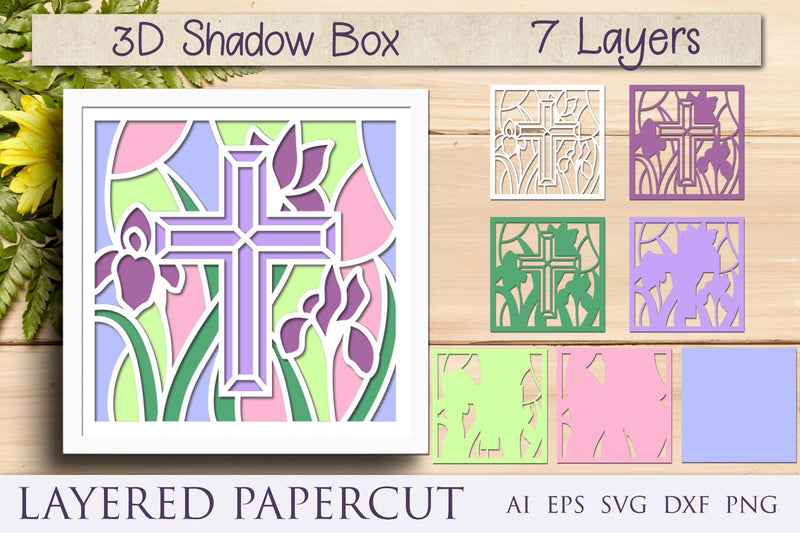 Cross with flowers shadow box, 3d layered decor, Papercut template - So ...