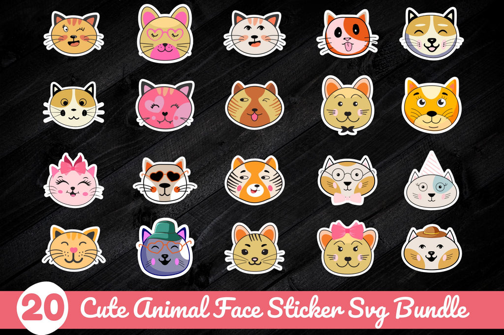 Cute Animal Face Sticker SVG Bundle - So Fontsy