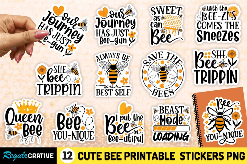 Cute Bee Printable Stickers PNG Bundle - So Fontsy