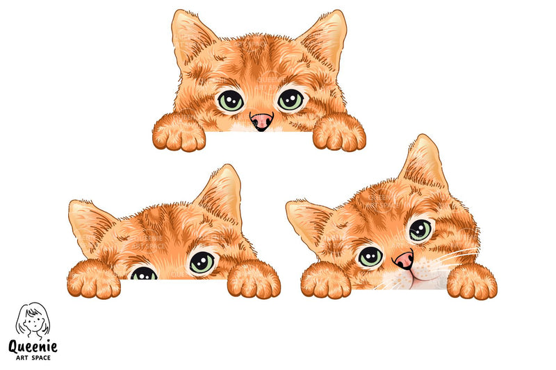 Cute Brown Peeking Cat Illustration, Kitten Clipart - So Fontsy