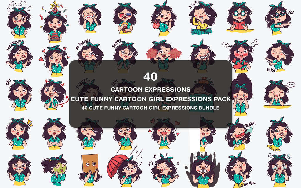 Cute Cartoon Girl Expressions Pack illustration - So Fontsy