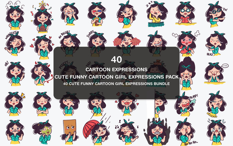 Cute Cartoon Girl Expressions Pack illustration - So Fontsy