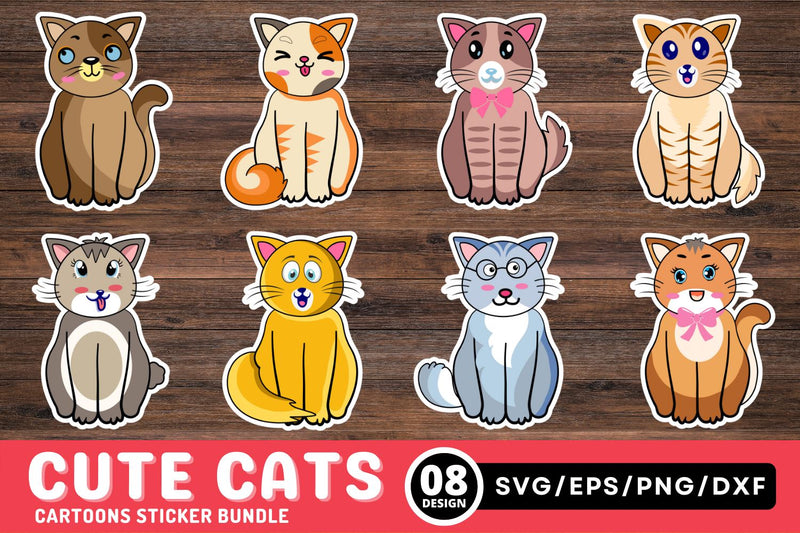 Cute Cats Cartoons Stickers Bundle - So Fontsy