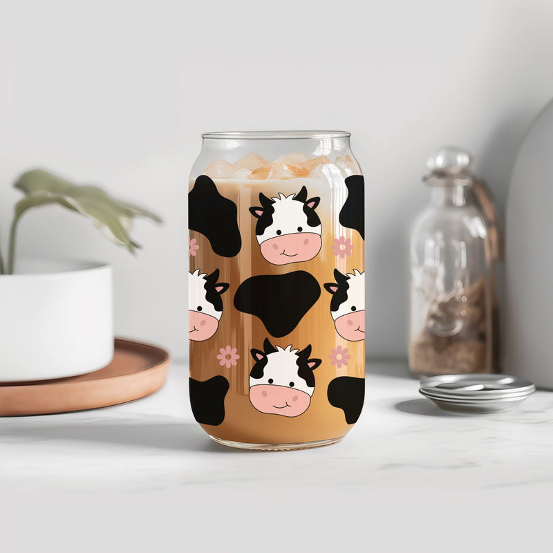 Cute Cow Glass Can SVG - 16OZ Glass Can Wrap SVG, Cow Print Glass Can ...