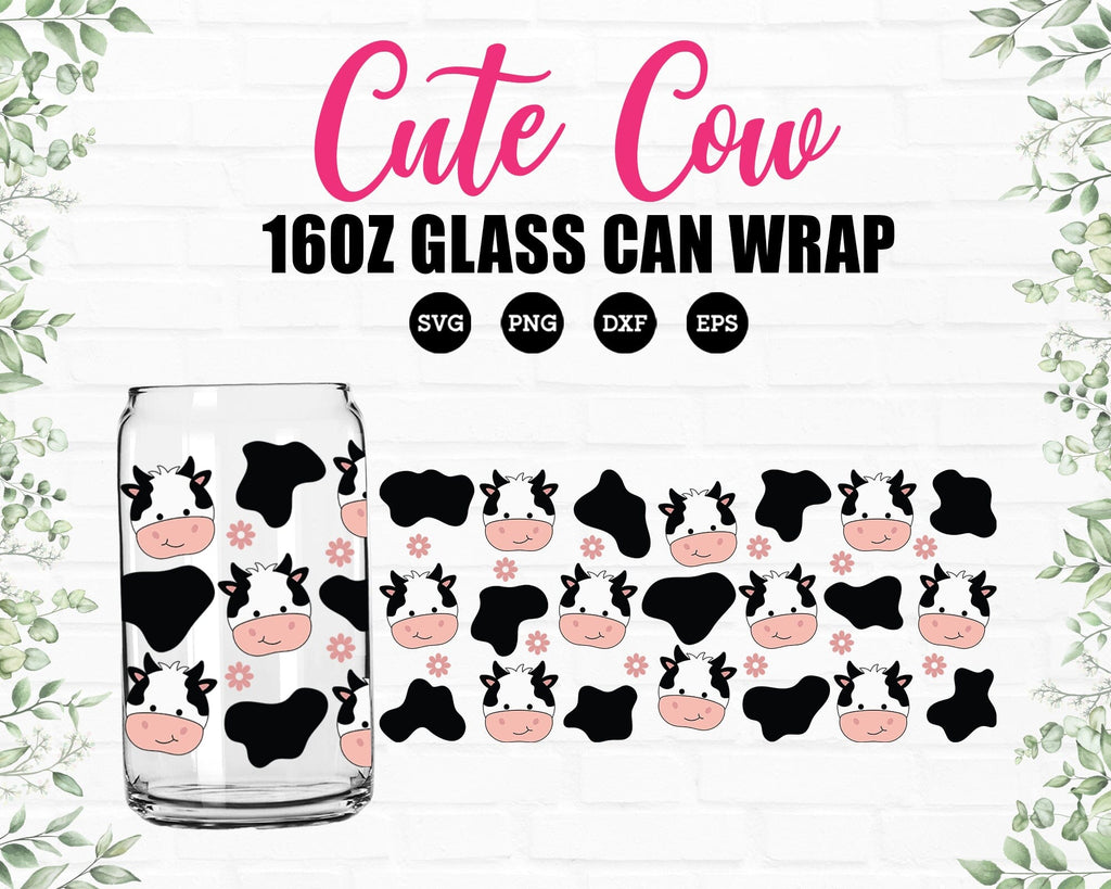 Cute Cow Glass Can SVG - 16OZ Glass Can Wrap SVG, Cow Print Glass Can ...