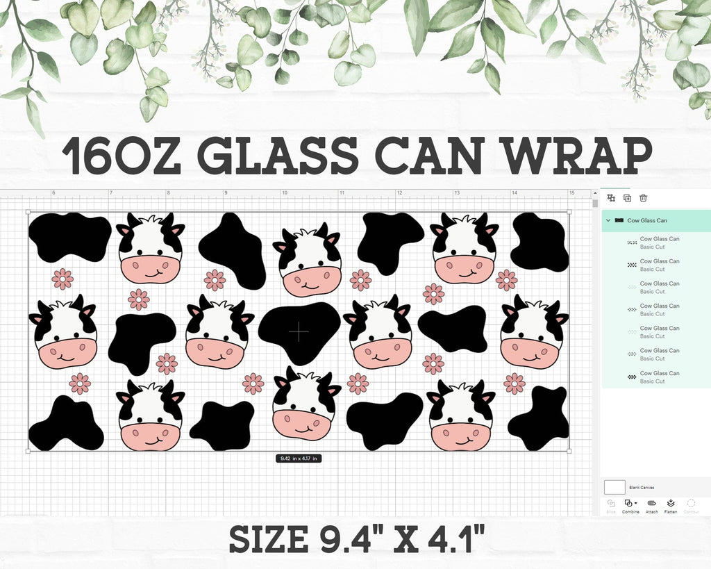 Cute Cow Glass Can SVG - 16OZ Glass Can Wrap SVG, Cow Print Glass Can ...