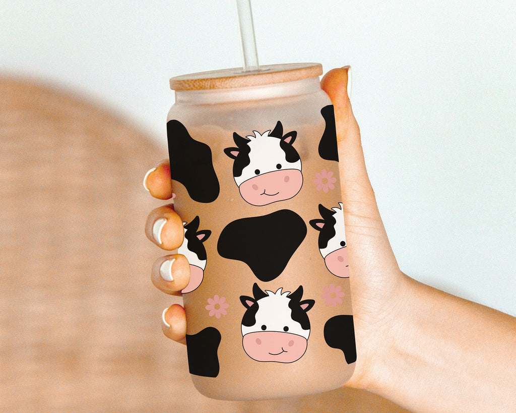 Cute Cow Glass Can SVG - 16OZ Glass Can Wrap SVG, Cow Print Glass Can ...