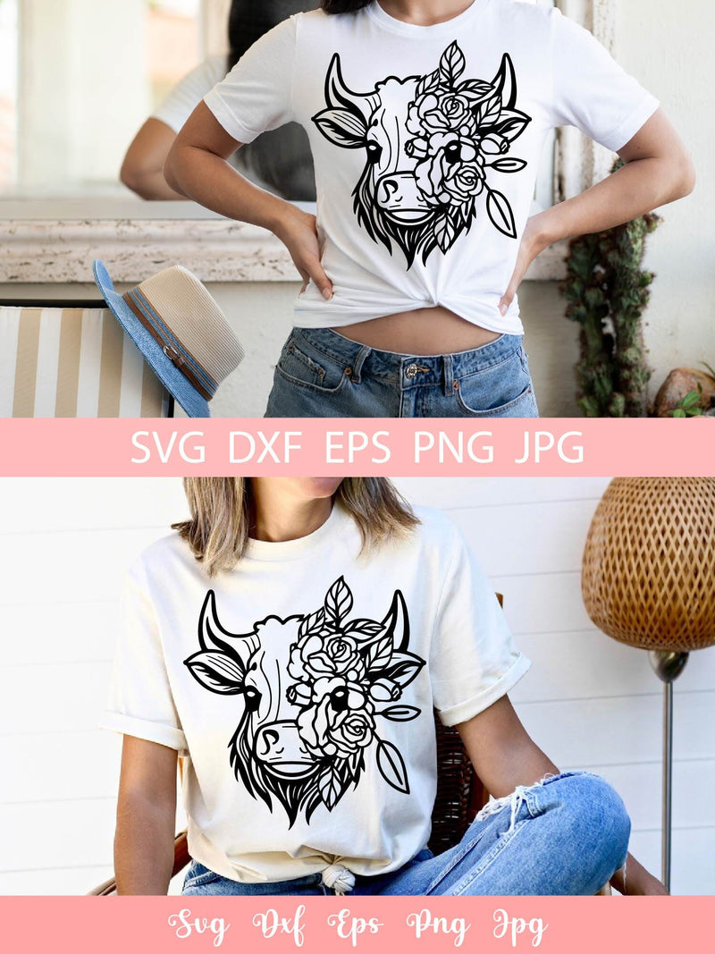 Cute Cow With Flowers SVG File, Shirt SVG Free For Commercial Use - So ...