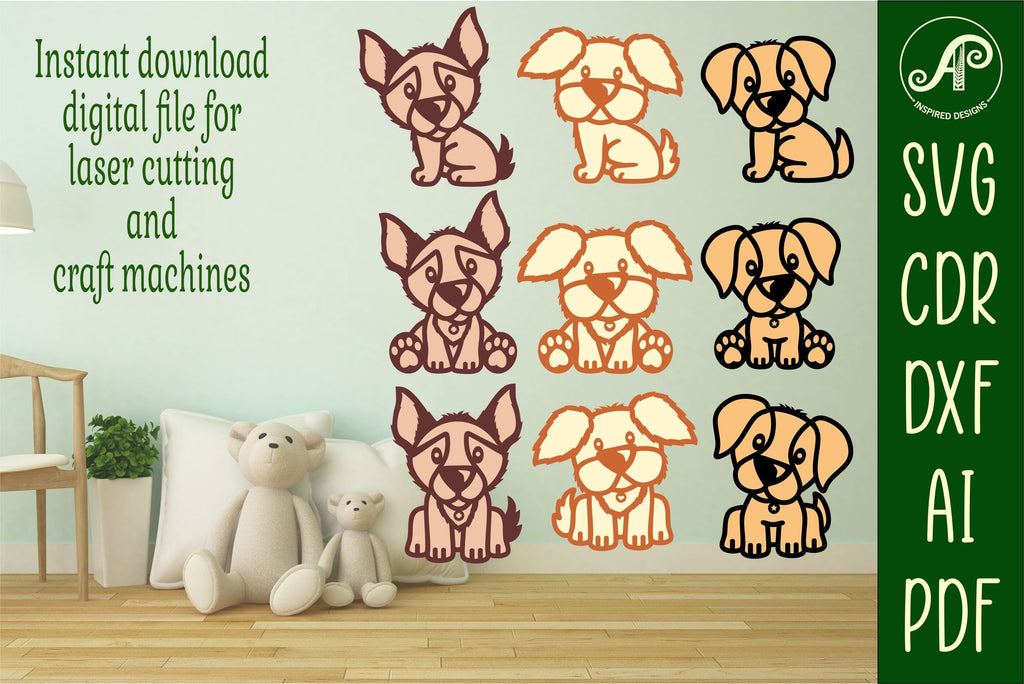Cute Dog laser cut file shapes. 3 Dogs in 3 positions, SVG - So Fontsy