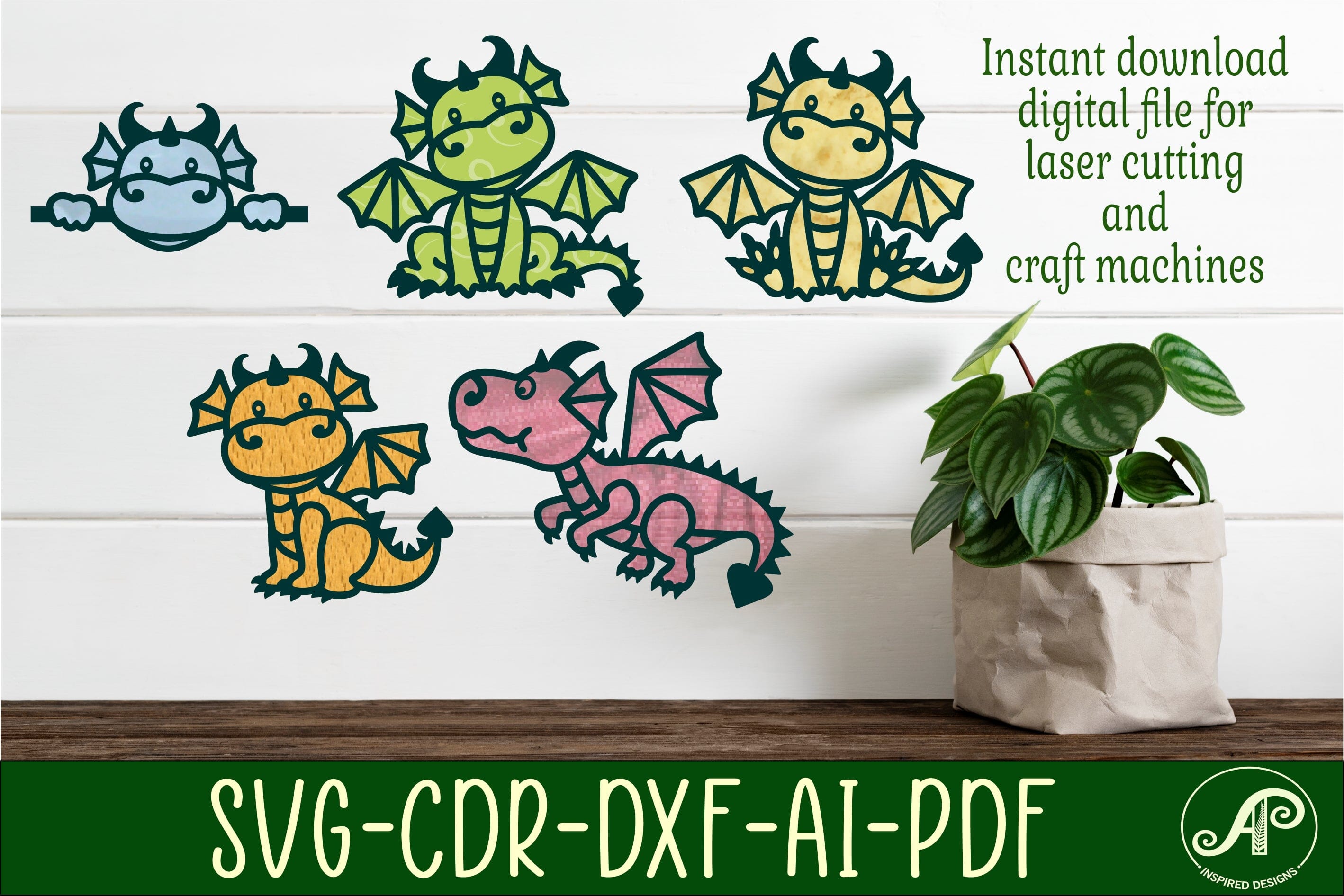 Cute Dragon laser cut file shapes. 5 two layer shapes - So Fontsy