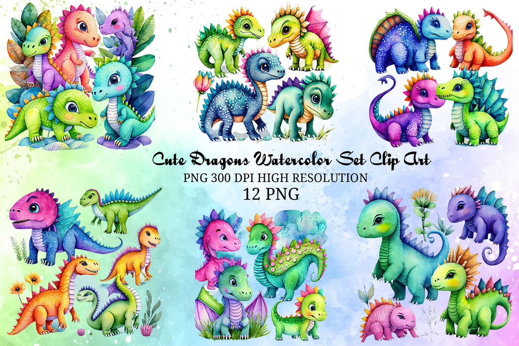 Cute Dragons Watercolor Set Clip Art PNG - So Fontsy