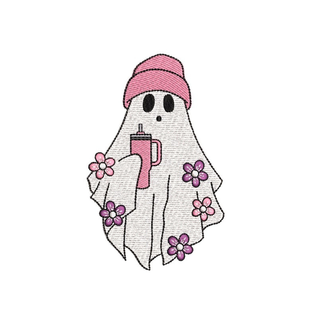Cute Floral Ghost with Cup Embroidery Design, Halloween Ghost Machine ...