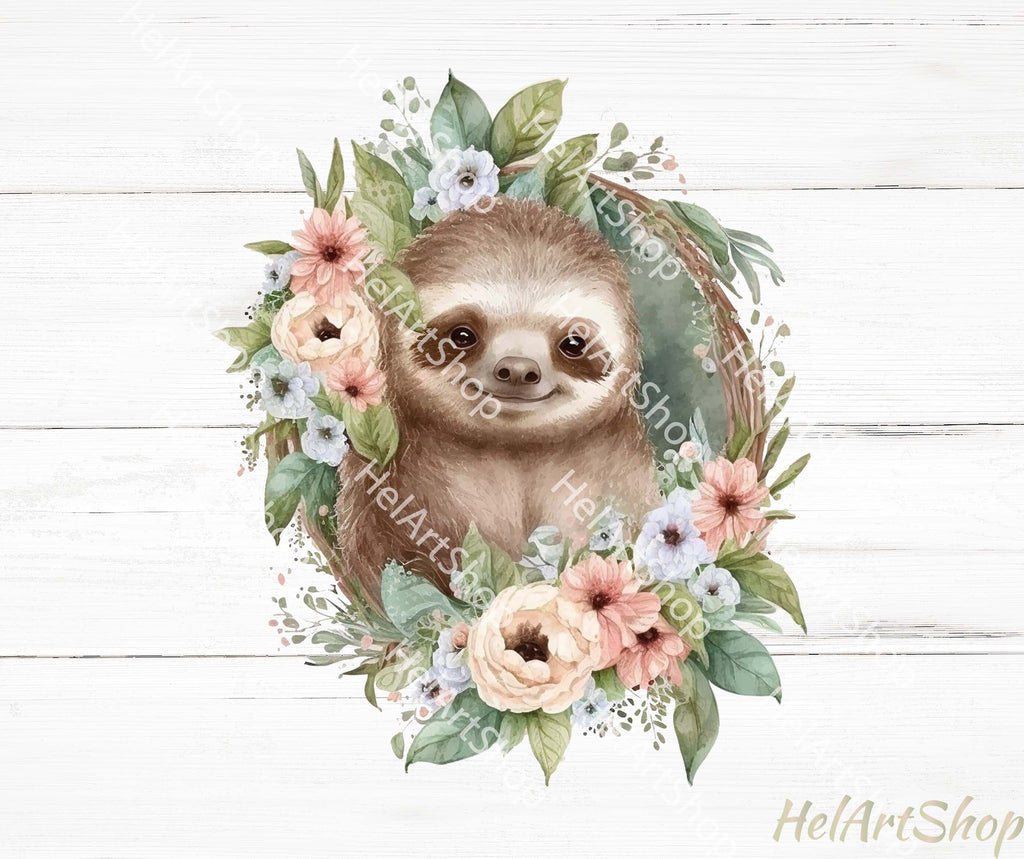 Cute Floral Sloth Png, Sublimation Png - So Fontsy