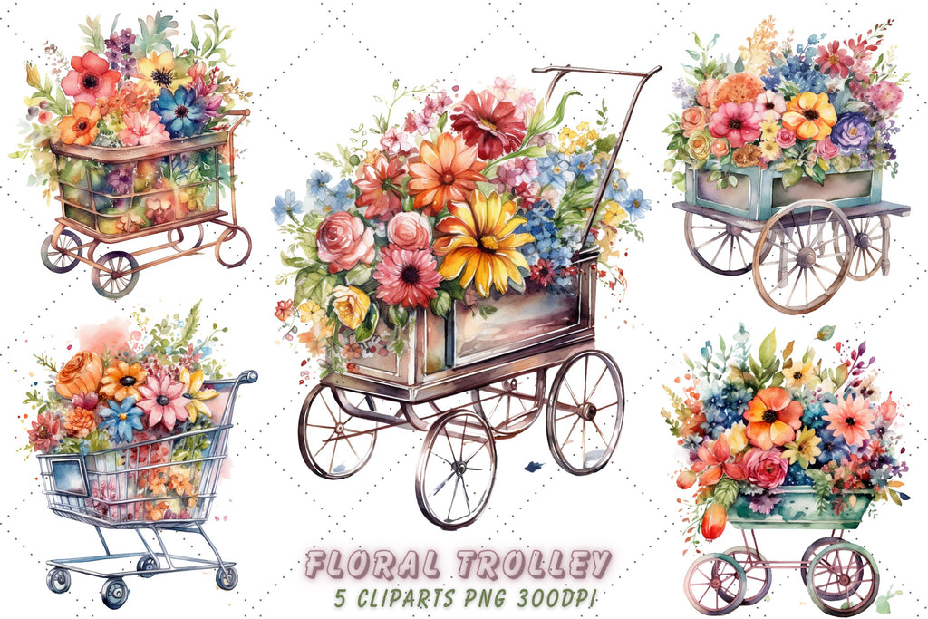 Cute Floral Trolley Watercolor Clipart Bundle, Sublimation, Floral ...