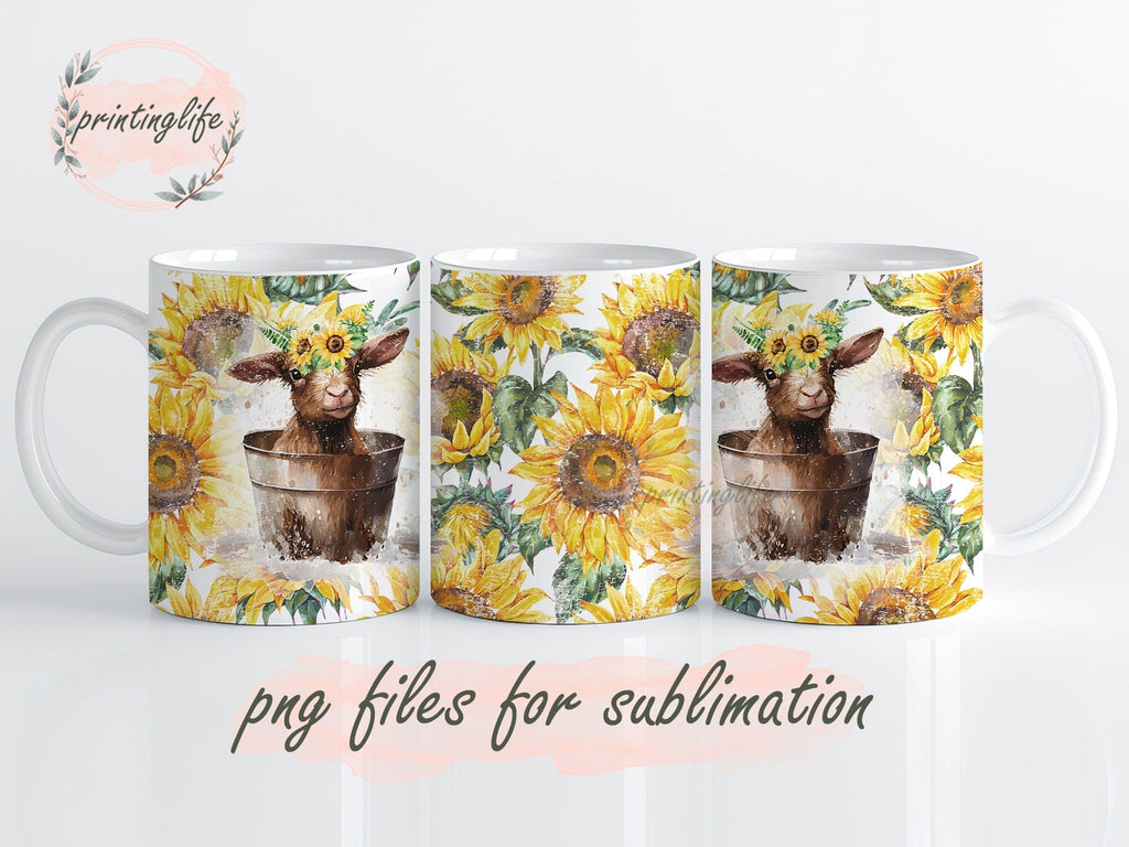 Cute Goat in the Tub Mug Sublimation, Farm Sunflowers Mug Press, Cute ...