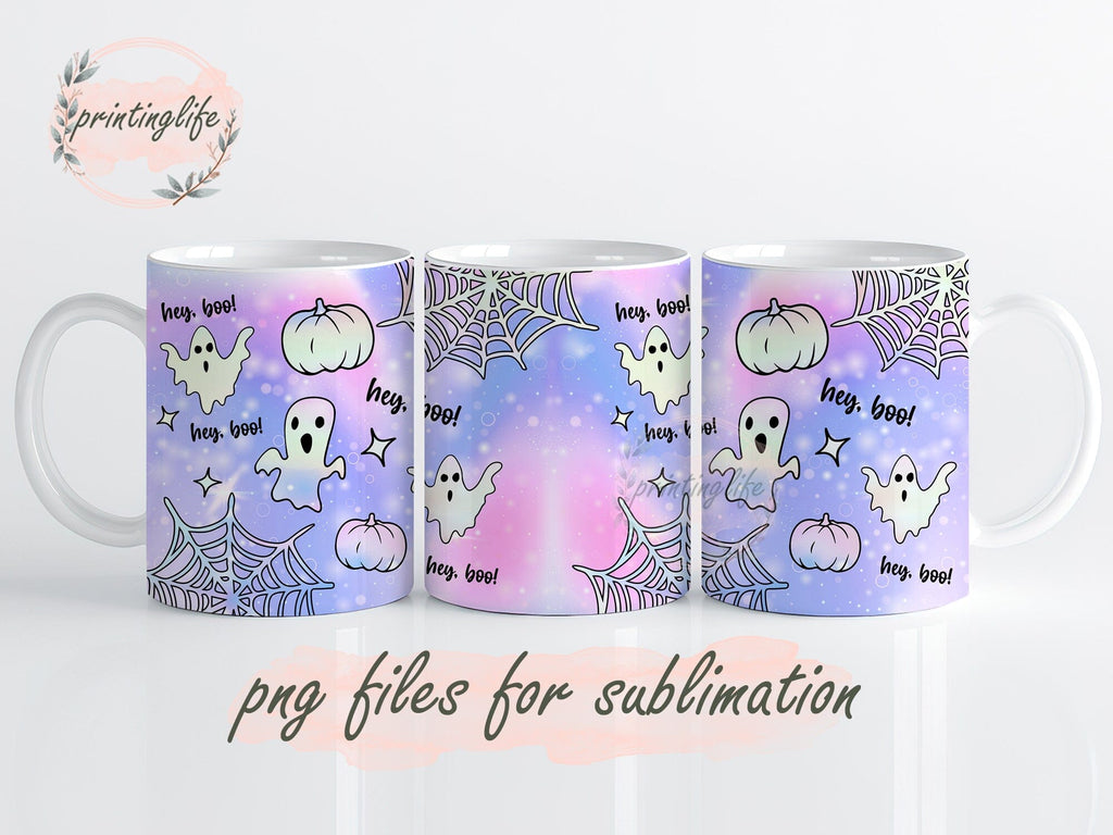 Cute Halloween Mug Wrap, Hey Boo Press Sublimation Png, Purple Pink ...