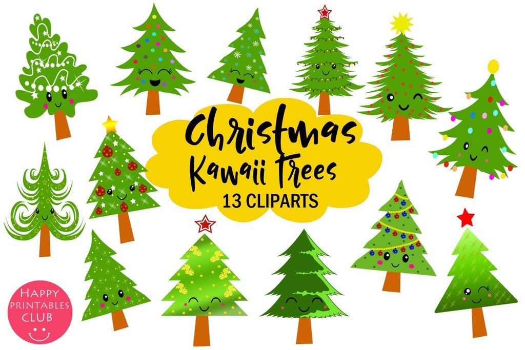 Cute Kawaii Christmas Trees Clipart- Xmas Trees Clipart - So Fontsy