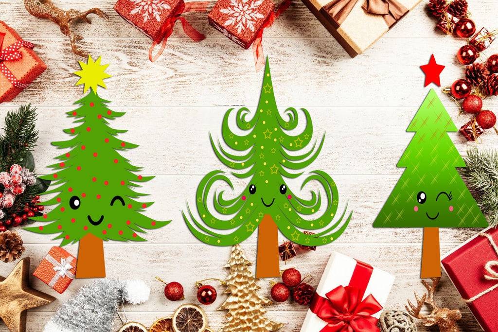 Cute Kawaii Christmas Trees Clipart- Xmas Trees Clipart - So Fontsy