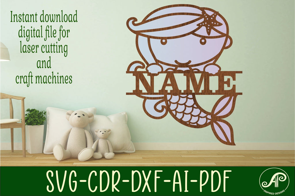 Cute mermaid Name sign svg laser cut template, door or wall - So Fontsy