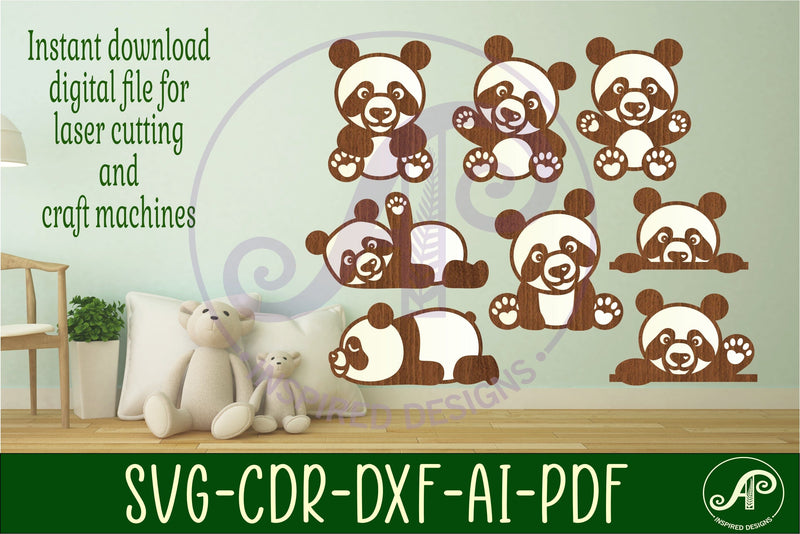Cute Pandas laser cut file shapes. 8 two layer shapes - So Fontsy