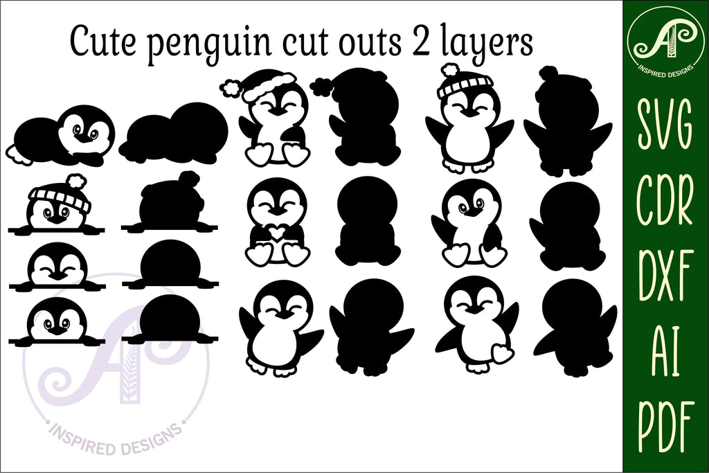Cute Penguins laser cut file shapes. 10 two layer shapes - So Fontsy