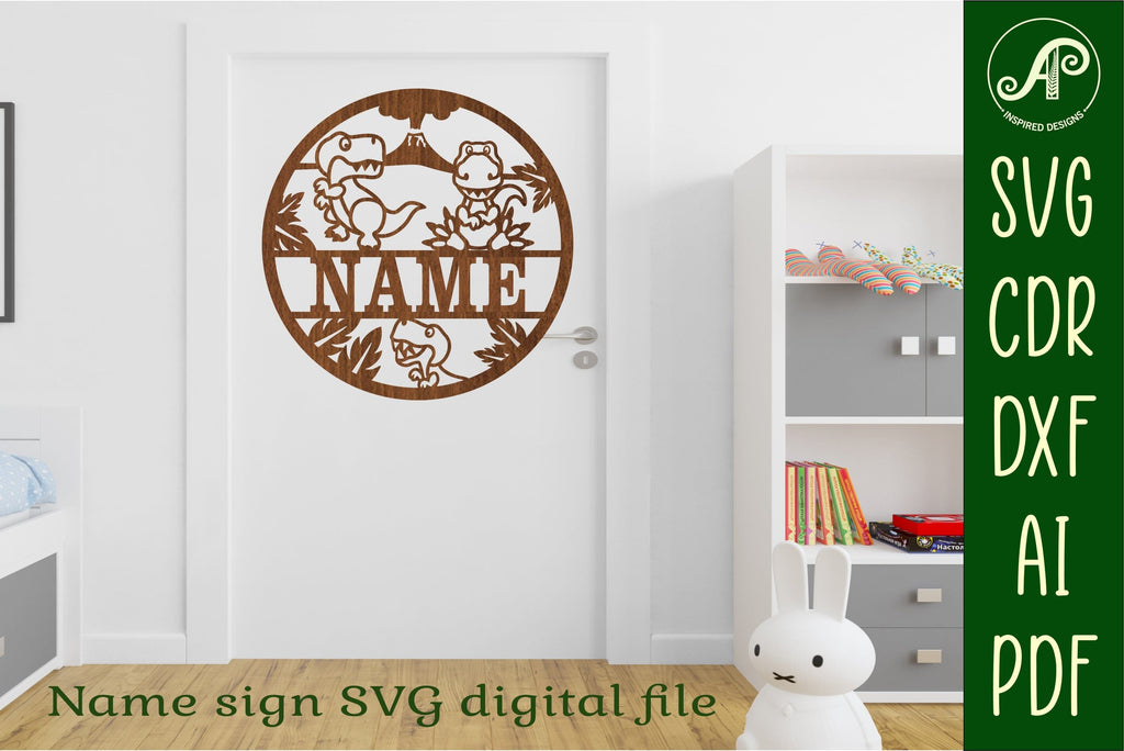 Cute T Rex name sign svg laser cut template - So Fontsy