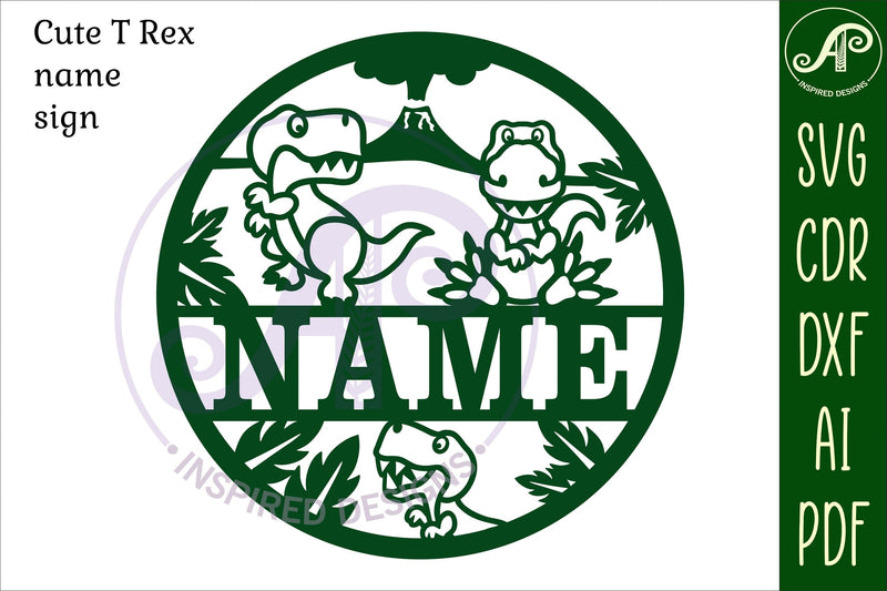 Cute T Rex name sign svg laser cut template - So Fontsy